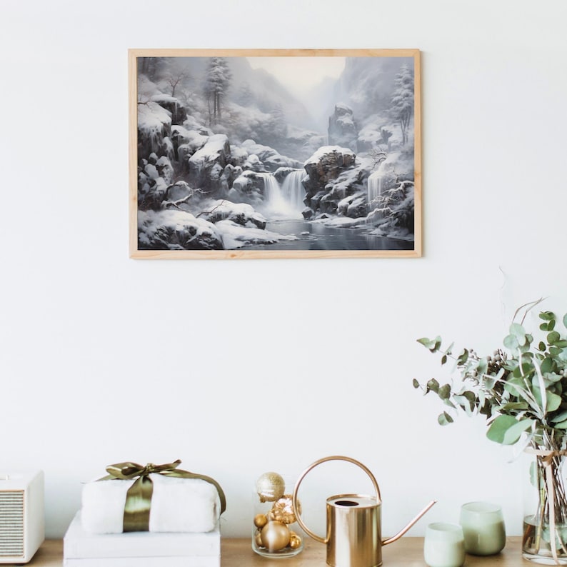 Vintage Icy Waterfall Wall Art, Winter Waterfall Art, Rustic Nature ...
