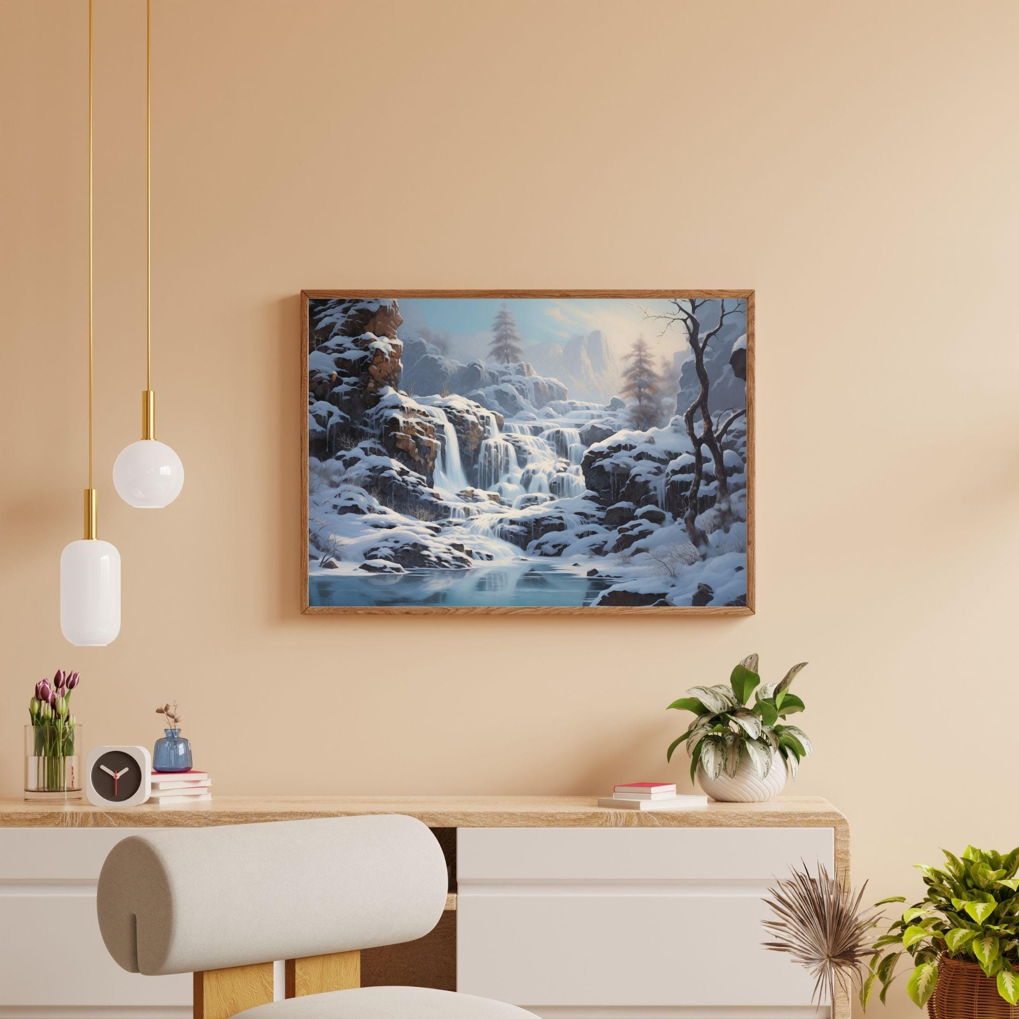 Vintage Icy Waterfall Wall Art, Retro Waterfall Scene, Classic Nature ...