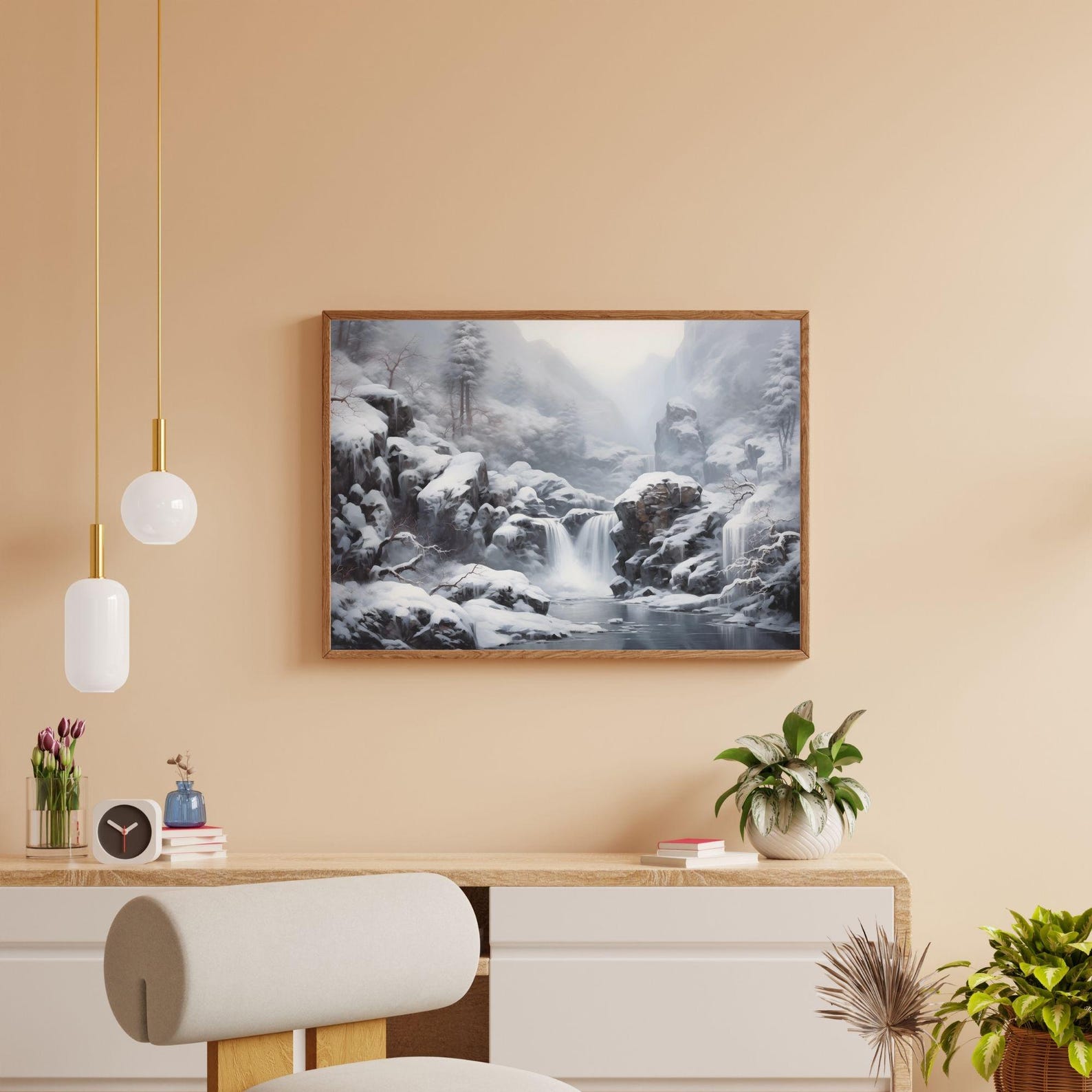 Vintage Icy Waterfall Wall Art, Winter Waterfall Art, Rustic Nature ...