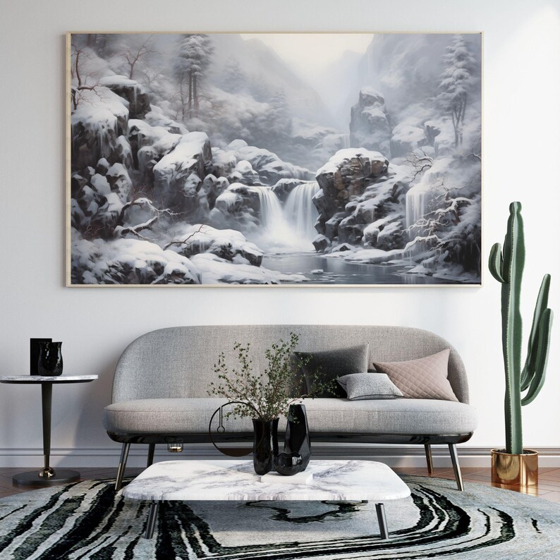 Vintage Icy Waterfall Wall Art, Winter Waterfall Art, Rustic Nature ...