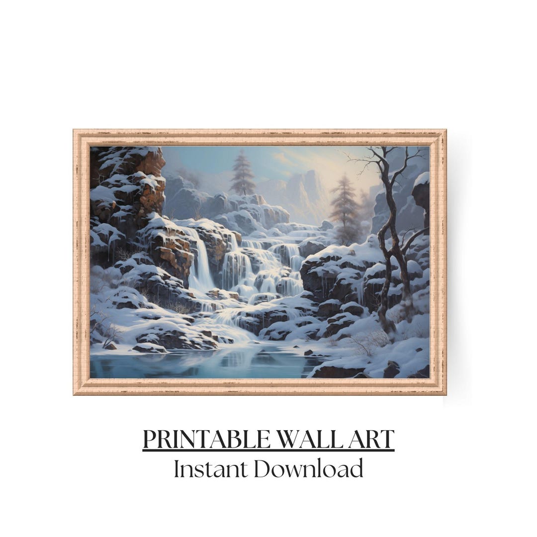 Vintage Icy Waterfall Wall Art, Retro Waterfall Scene, Classic Nature ...