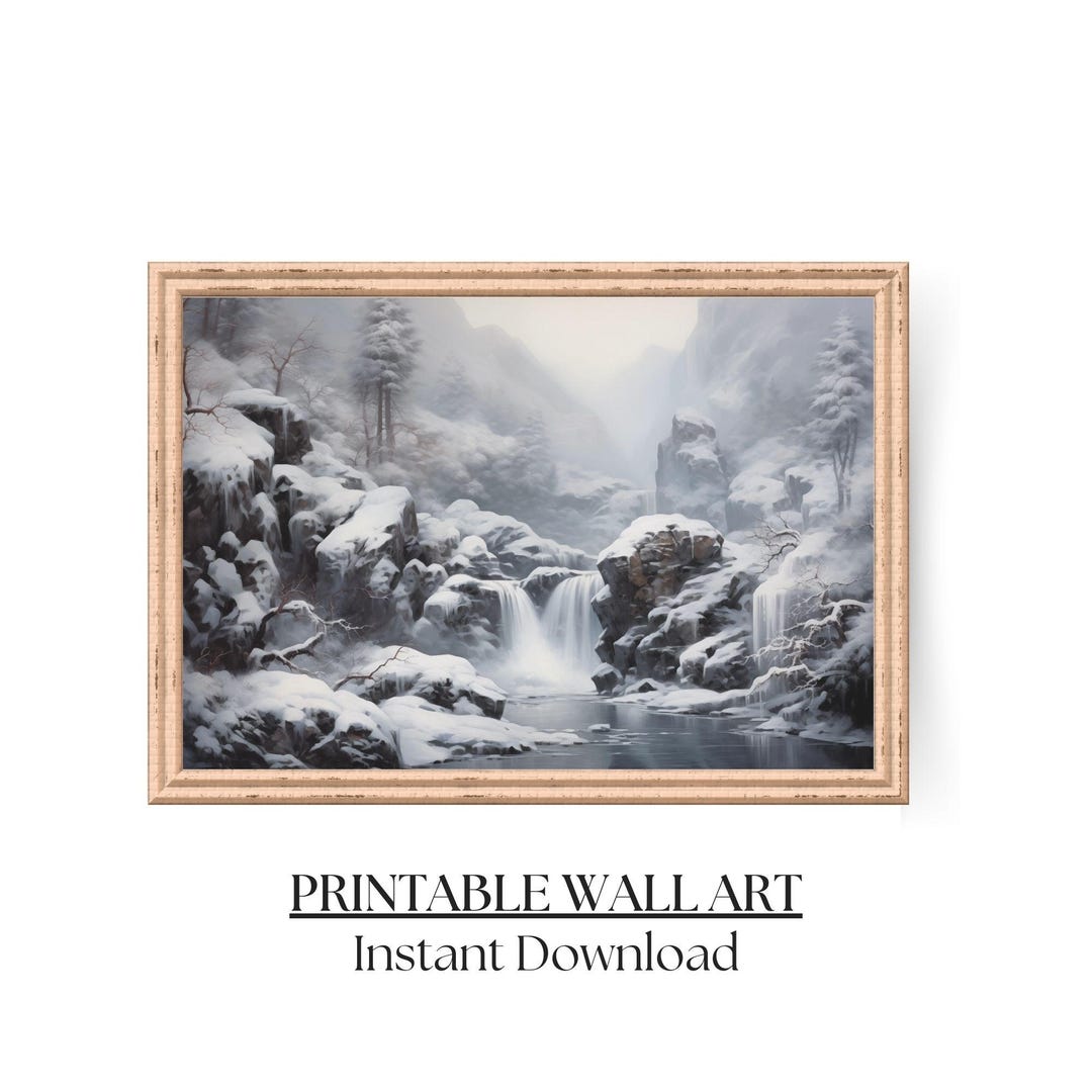 Vintage Icy Waterfall Wall Art, Winter Waterfall Art, Rustic Nature ...