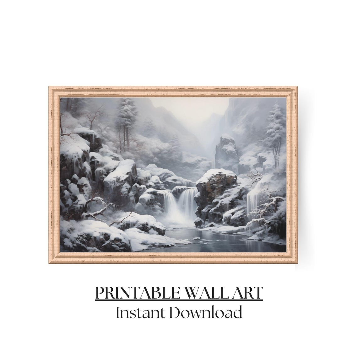 Vintage Icy Waterfall Wall Art, Winter Waterfall Art, Rustic Nature ...