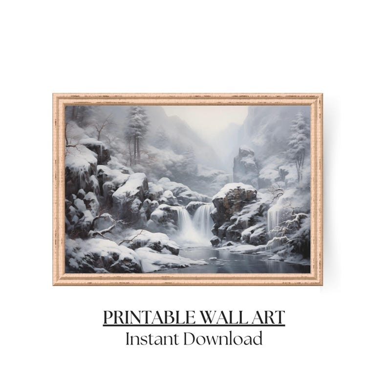 Vintage Icy Waterfall Wall Art, Winter Waterfall Art, Rustic Nature ...