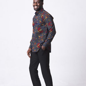 Navy and Red Men's African Print Ankara Long Sleeve Ghana Shirt by Zedi ...