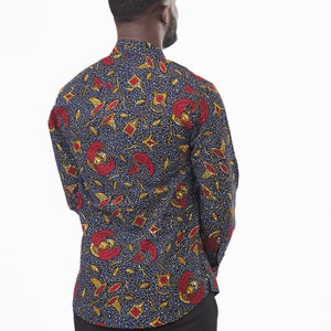 Navy and Red Men's African Print Ankara Long Sleeve Ghana Shirt by Zedi ...