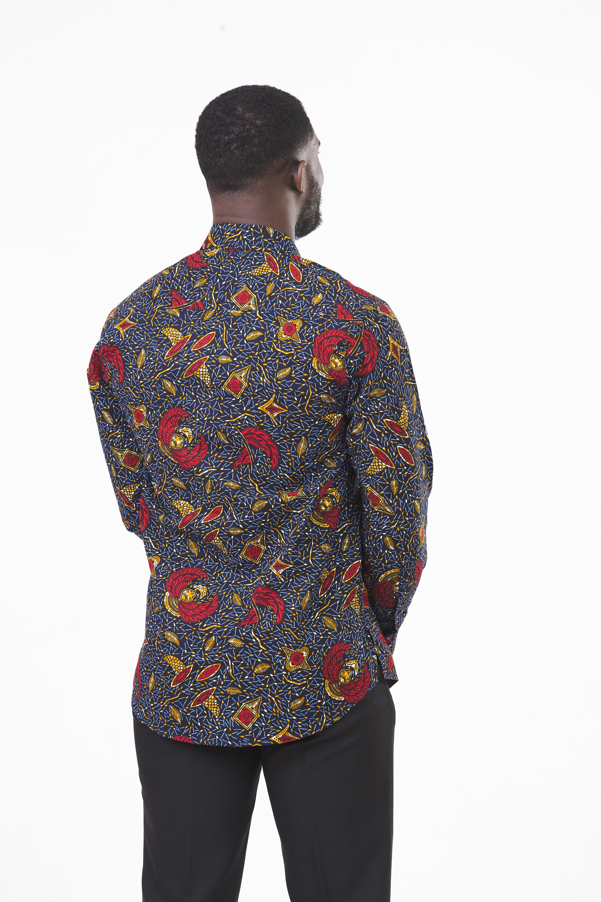Navy and Red Men's African Print Ankara Long Sleeve Ghana Shirt by Zedi ...