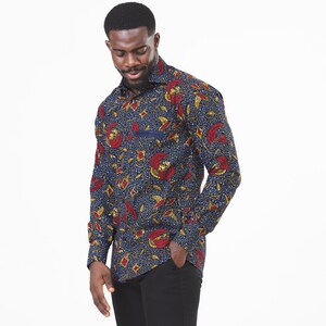 Navy and Red Men's African Print Ankara Long Sleeve Ghana Shirt by Zedi ...