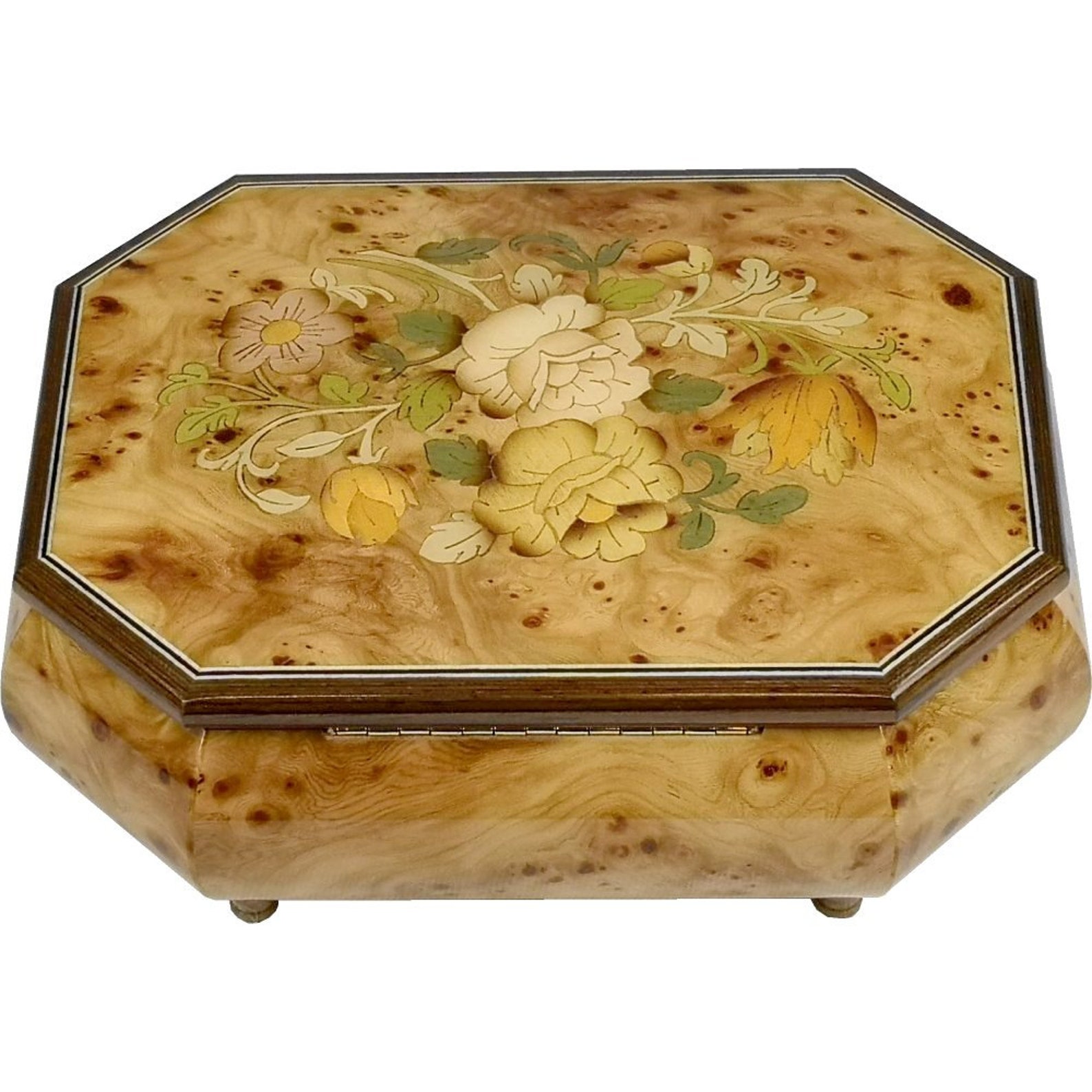 Handcrafted Wooden Maple Burl Musical Jewellery Box With Marquetry ...