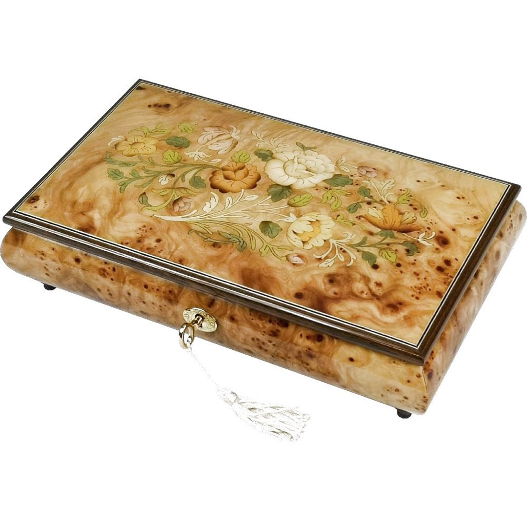 Handcrafted Wooden Maple Burl Musical Jewellery Box With Marquetry ...