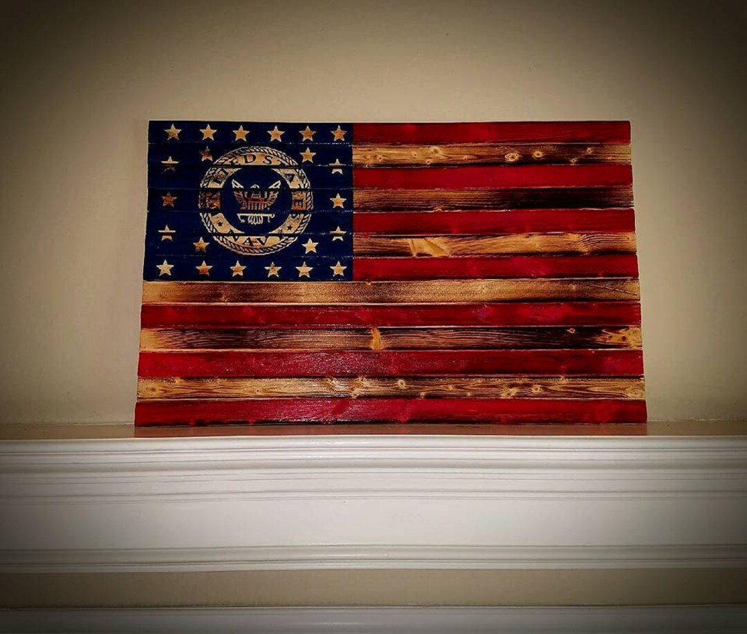 Solid Wood American Flag Burnt Hand Painted United States US Navy Large ...