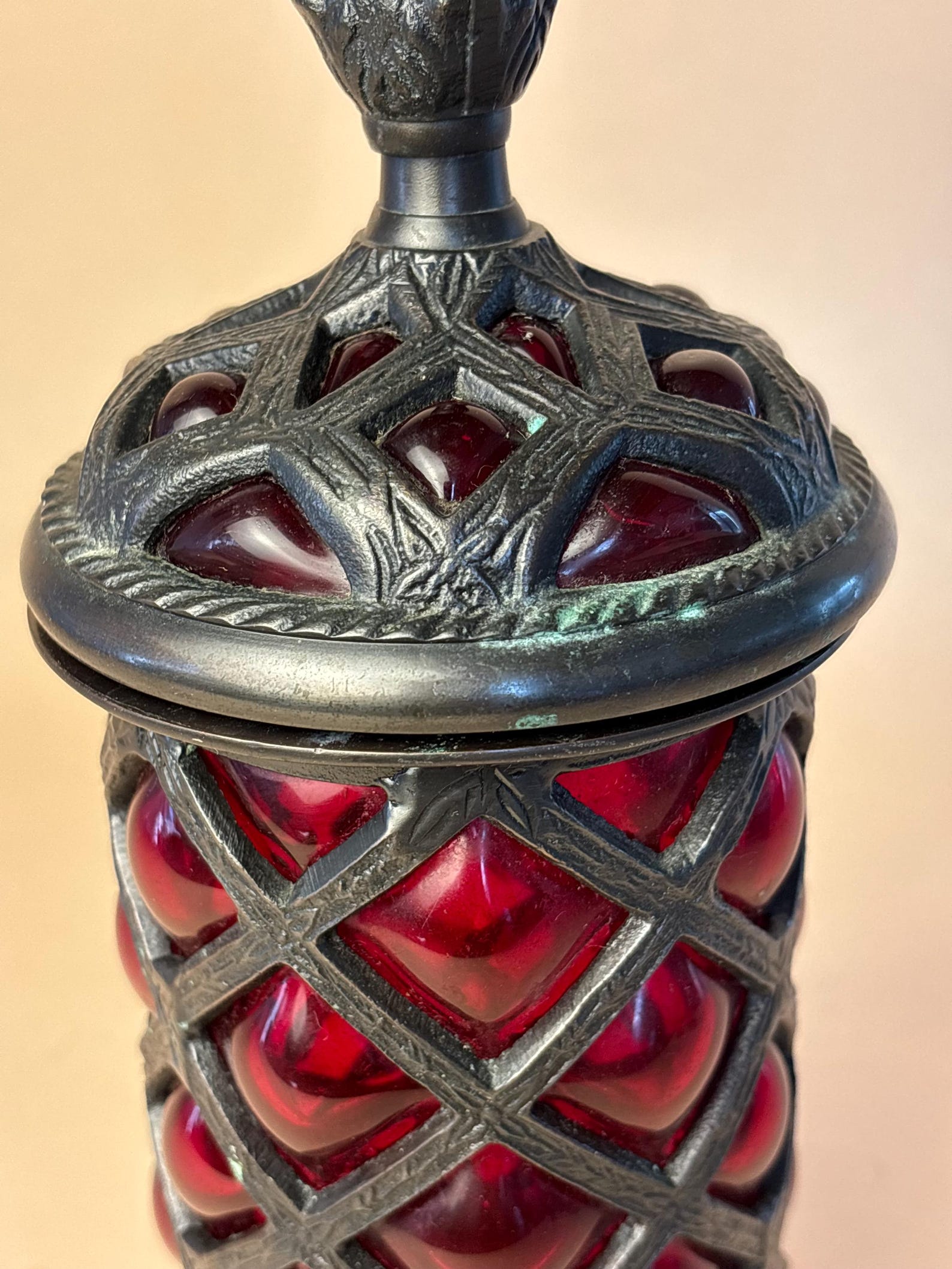 RARE Brass/bronze SET of Identical Caged Bubble Deep Red Glass ...