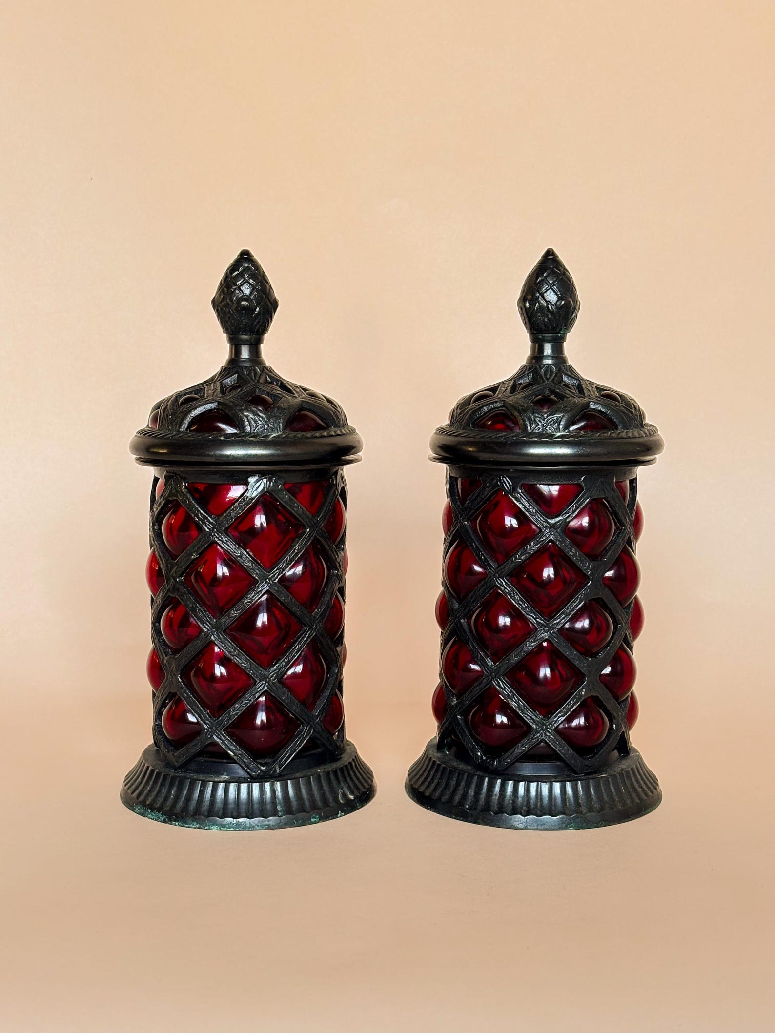 RARE Brass/bronze SET of Identical Caged Bubble Deep Red Glass ...