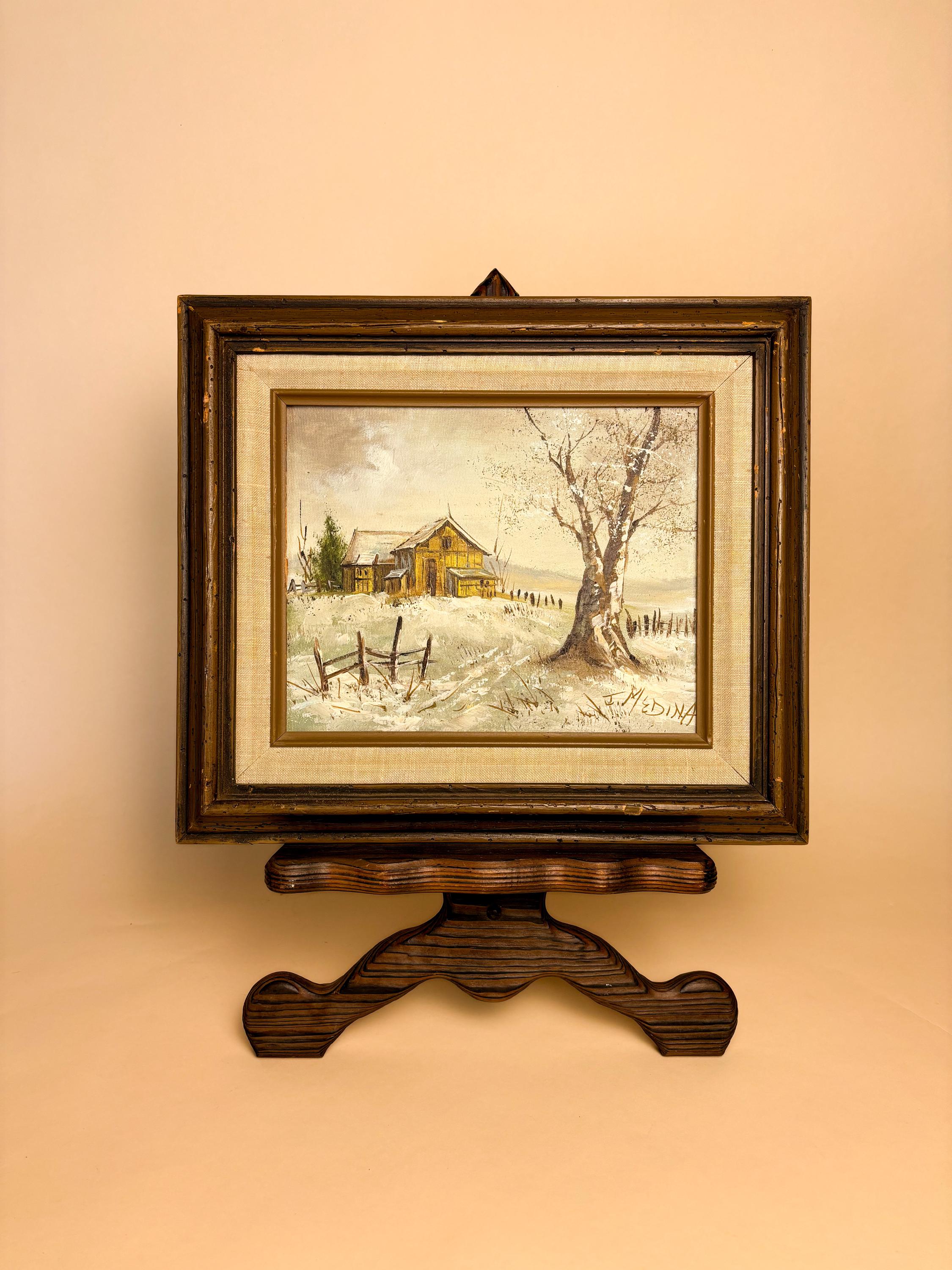 1970s J. Medina Signed Snowy Barn Scene Oil on Canvas Painting - Etsy