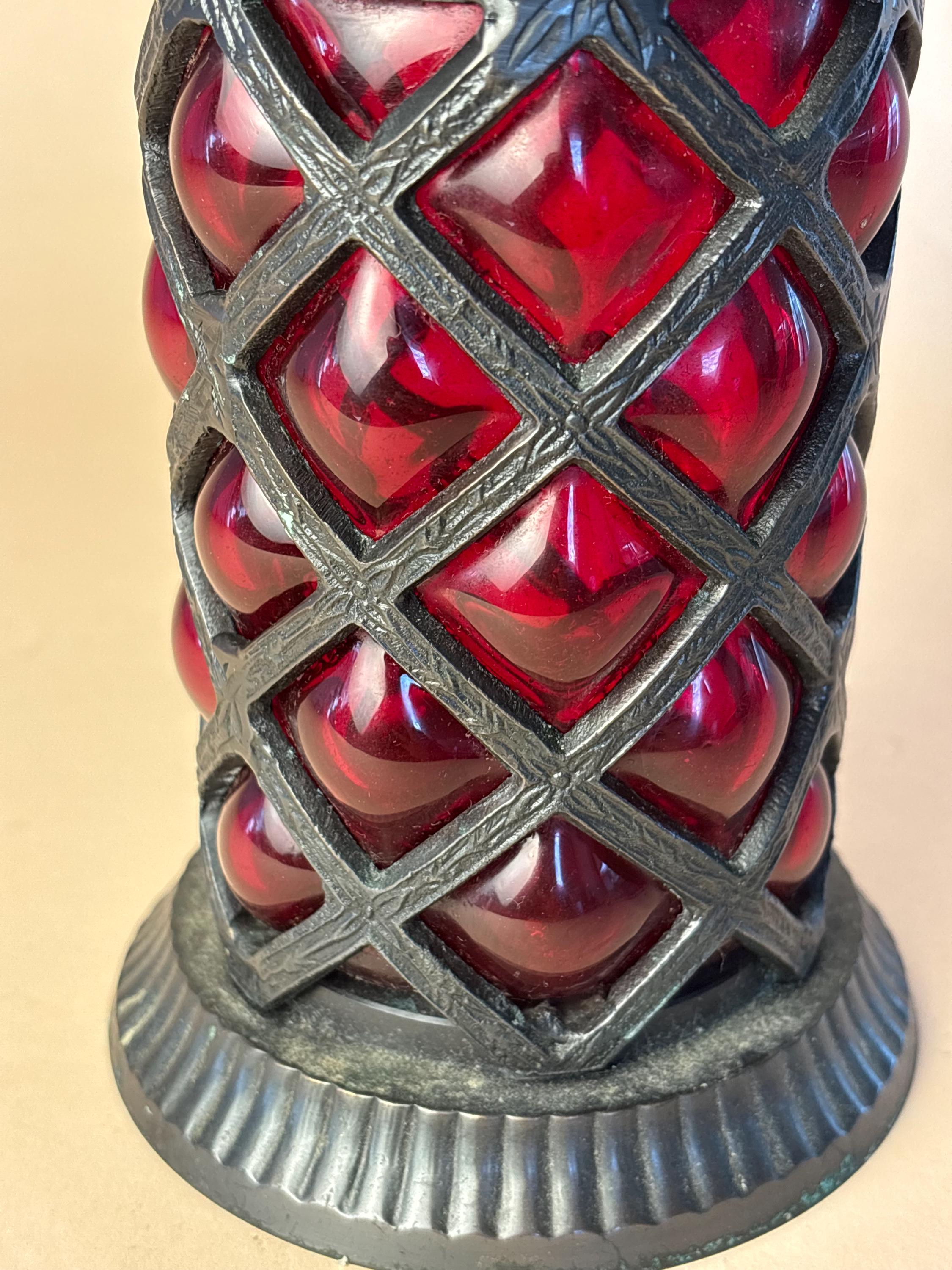RARE Brass/bronze SET of Identical Caged Bubble Deep Red Glass ...