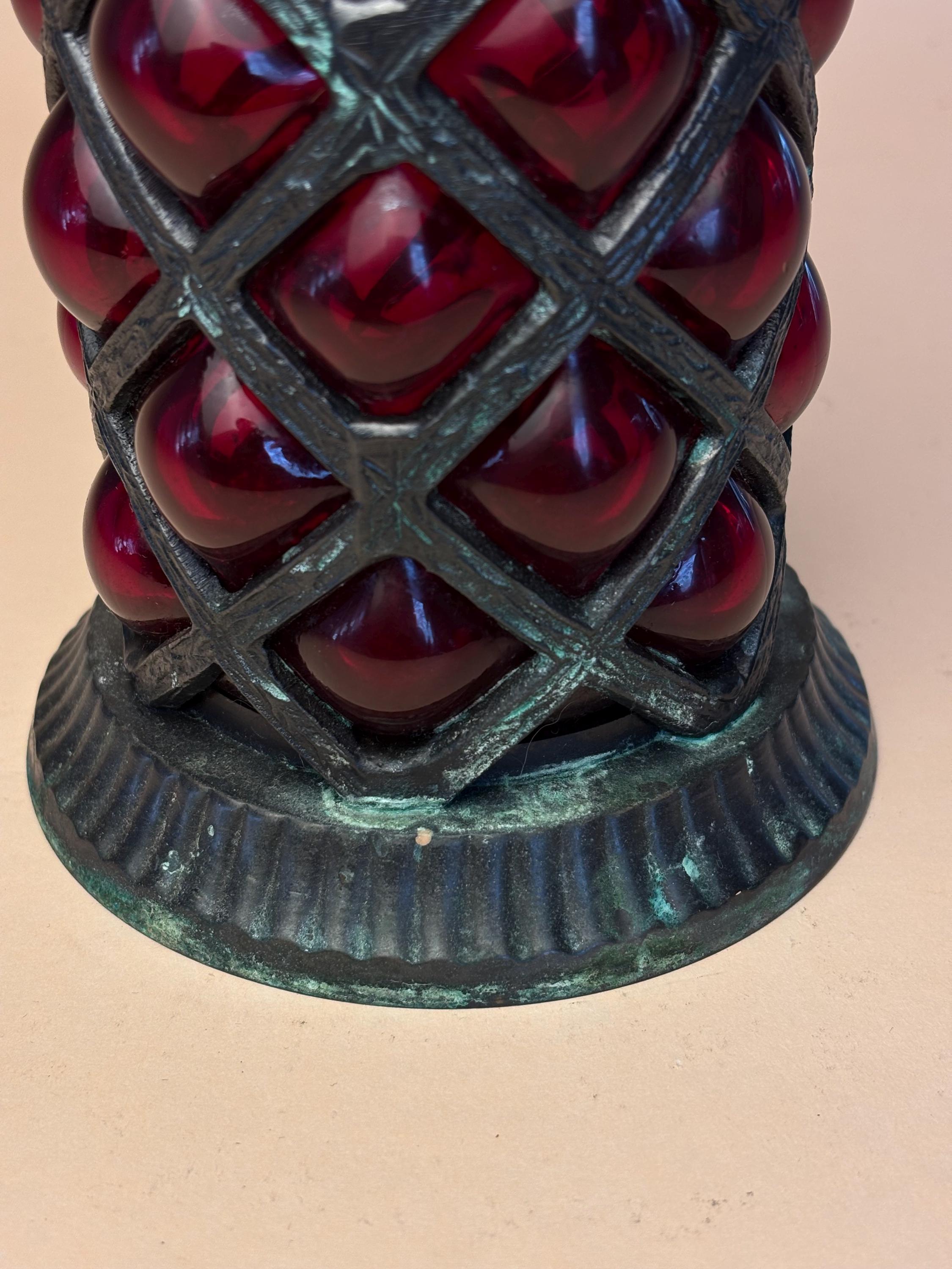 RARE Brass/bronze SET of Identical Caged Bubble Deep Red Glass ...