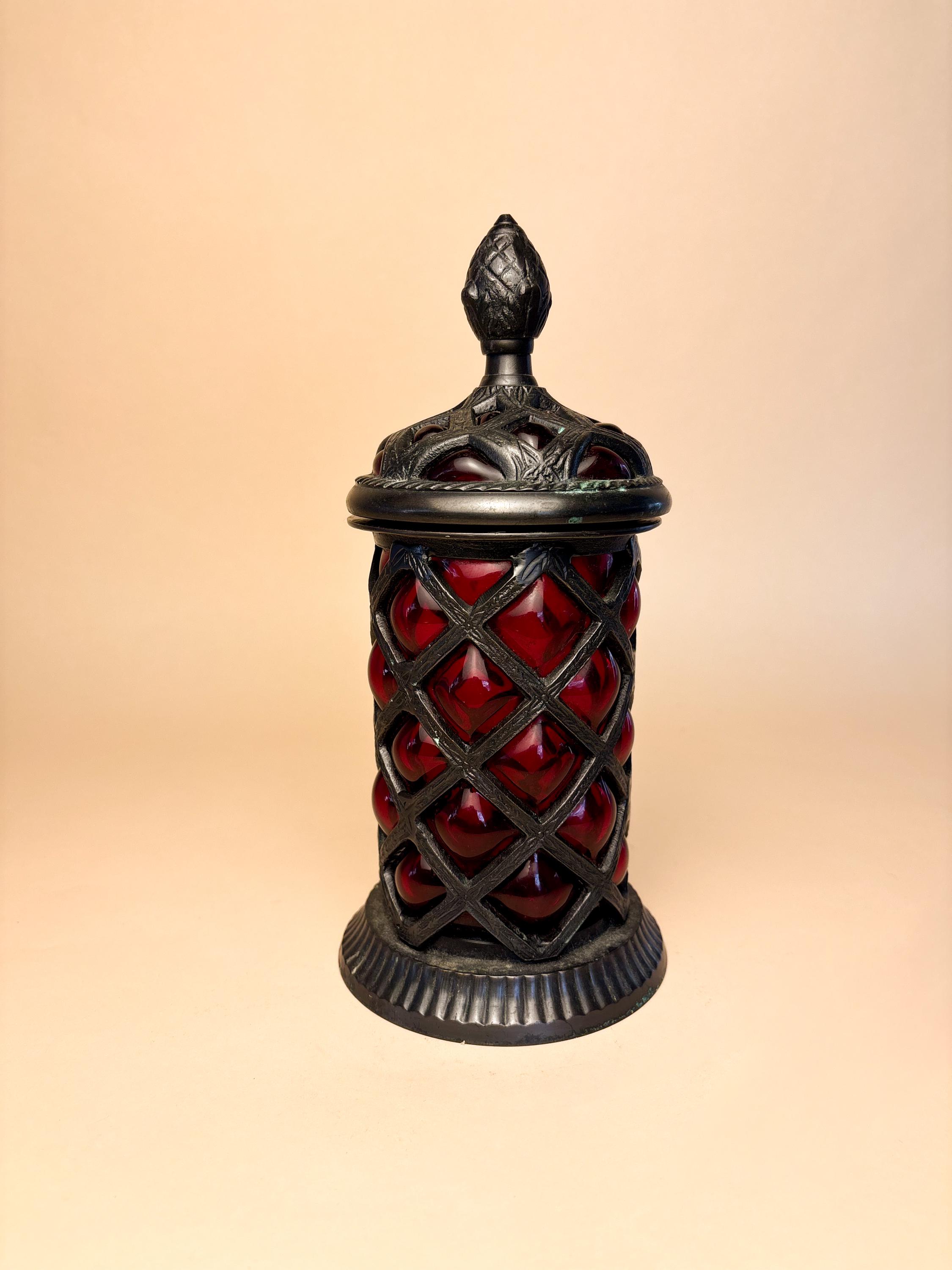 RARE Brass/bronze SET of Identical Caged Bubble Deep Red Glass ...