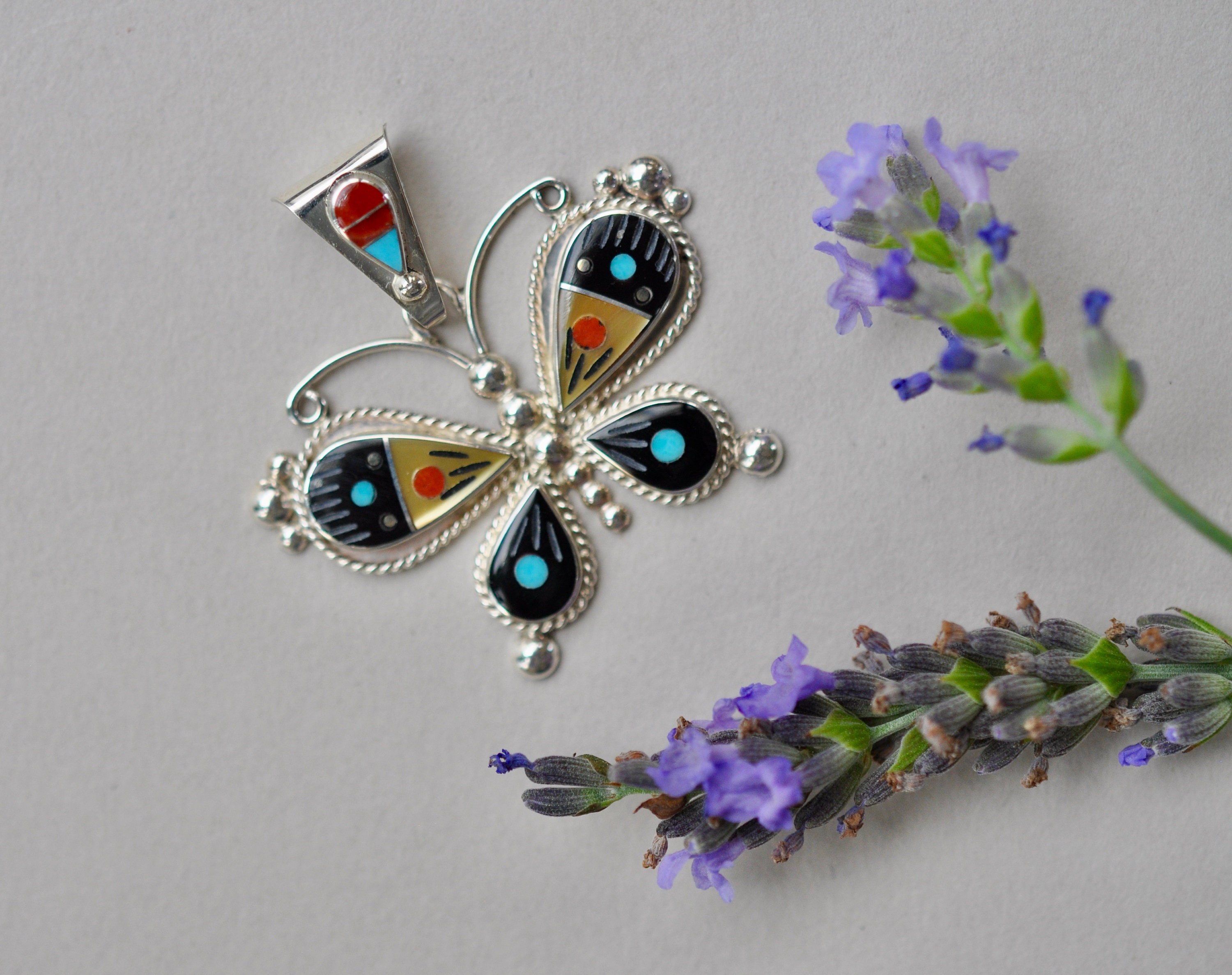 Native American Micro Inlay Butterfly Pendant by Artist Lyndon Ahiyite ...