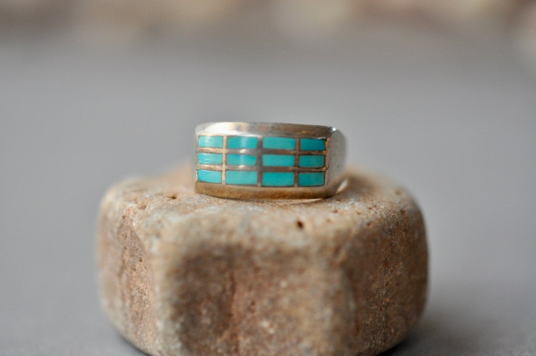 Vintage Native American Inlay Ring With Turquoise Size 7 3/4 - Etsy