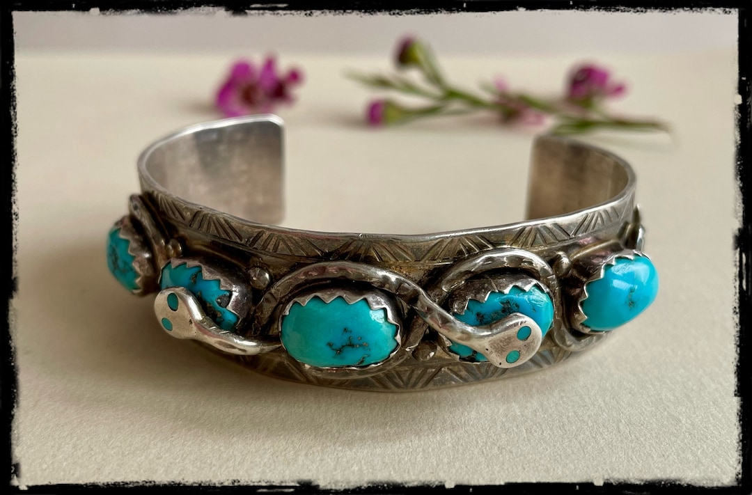 Vintage Native American Cuff With Turquoise and Snakes by Zuni Artist ...