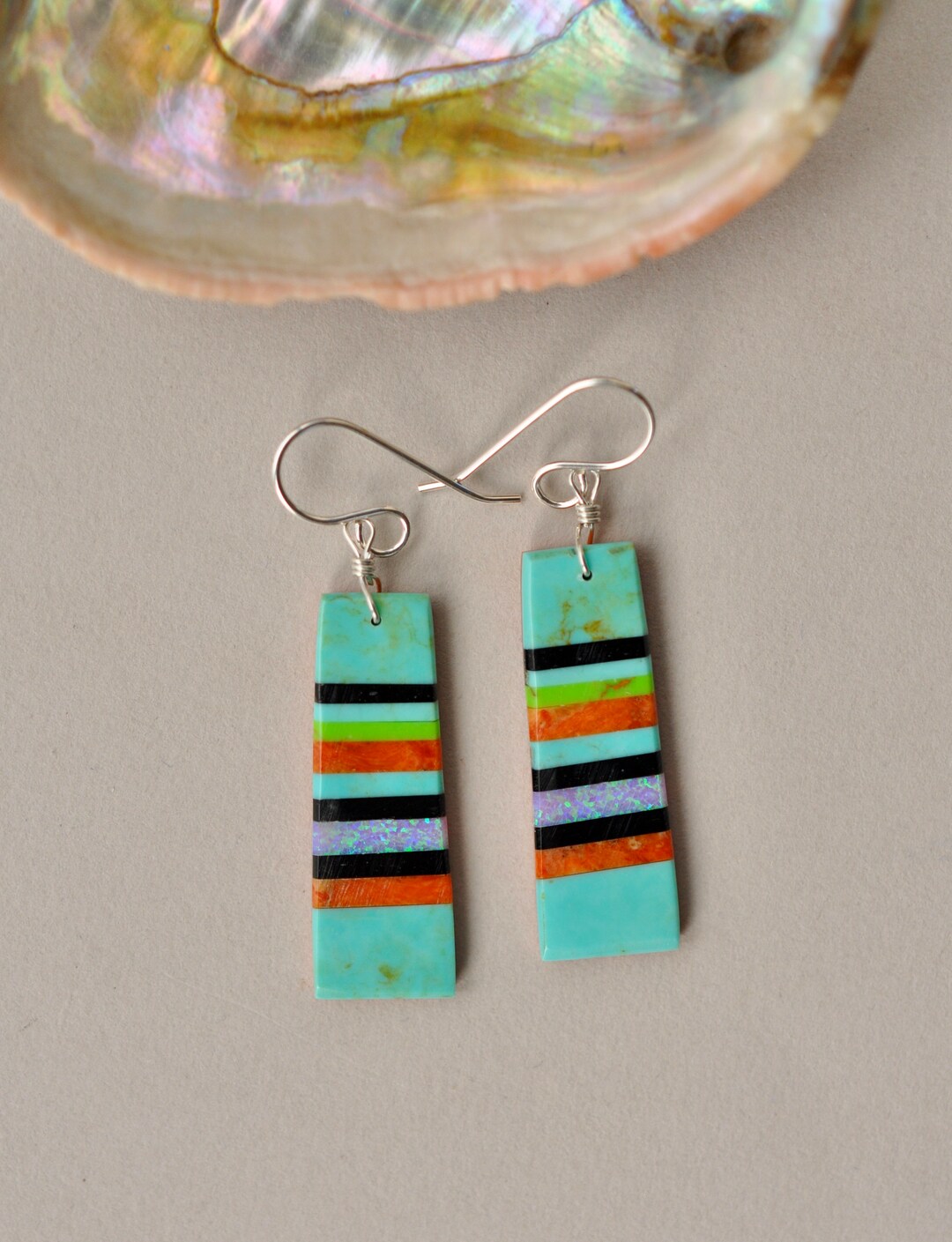 Native American Layered Inlay Slab Earrings by Artist Ronald - Etsy