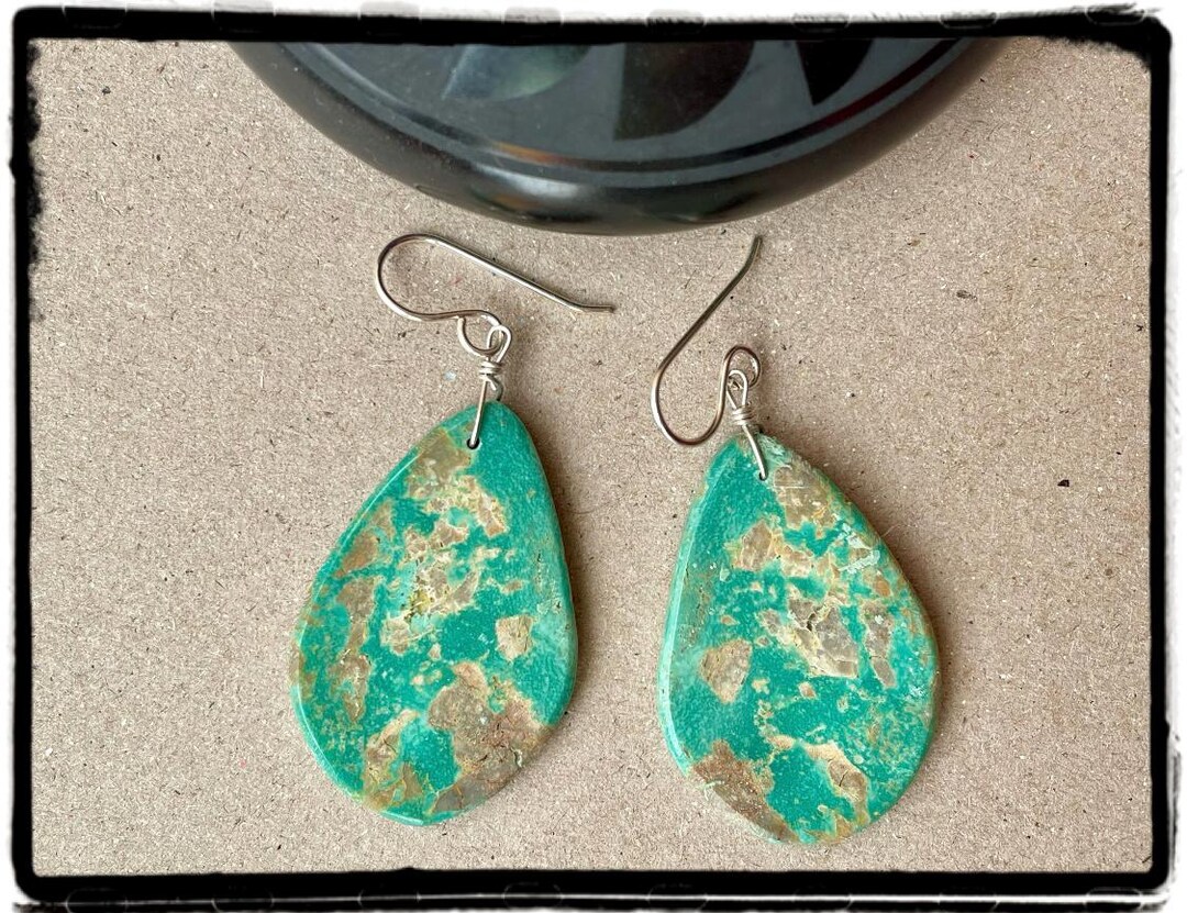 Native American Turquoise Slab Earrings by Ronald Chavez (greenish) - Etsy
