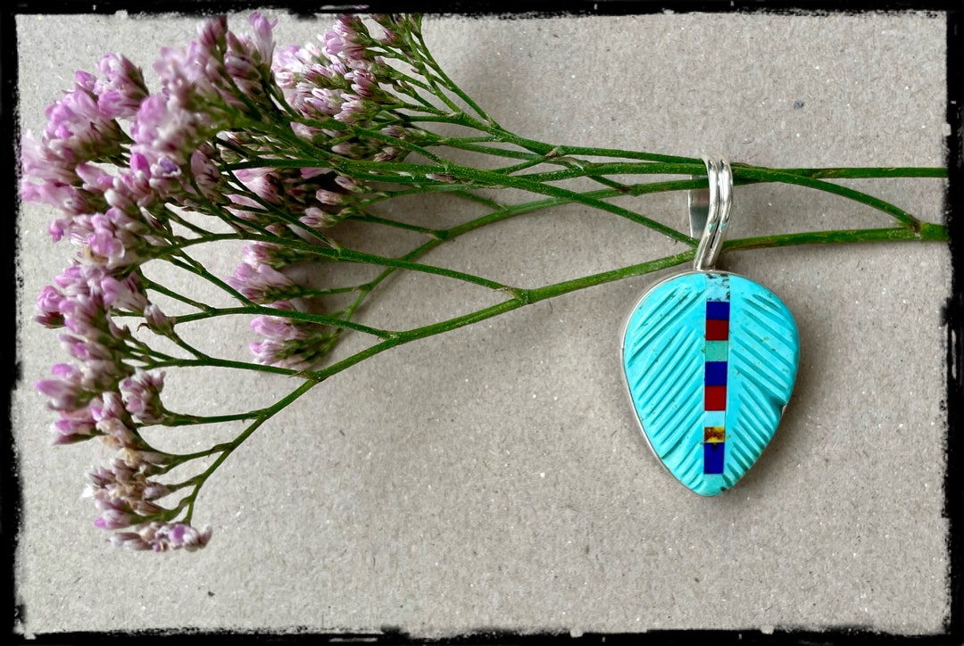 Native American Carved Feather Pendant With Inlay by Artists Ronald ...