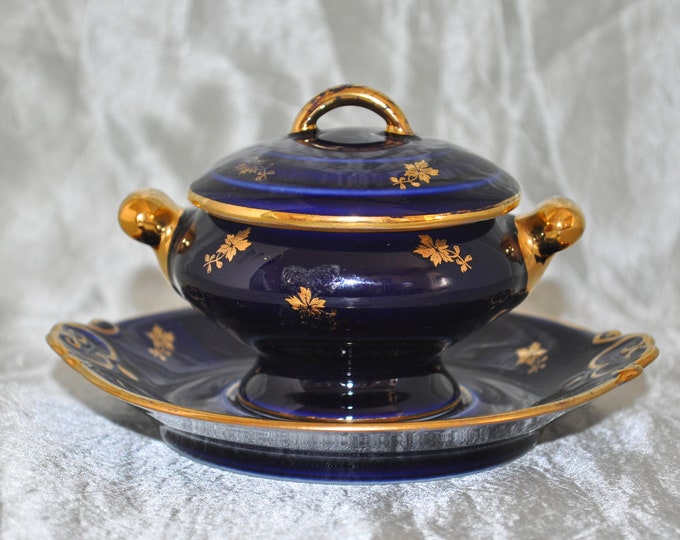 Vintage Limoges Little Pot With Saucer Cobalt Blue and Gold Porcelain ...