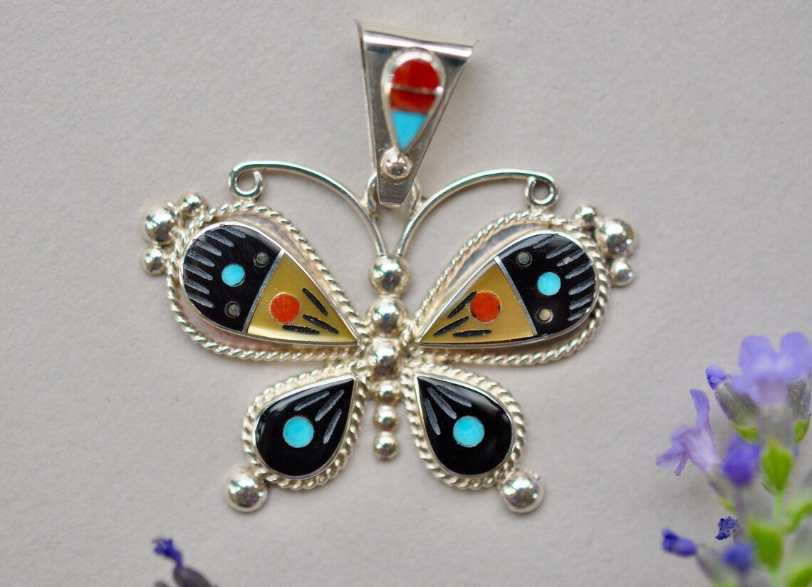 Native American Micro Inlay Butterfly Pendant by Artist Lyndon Ahiyite ...