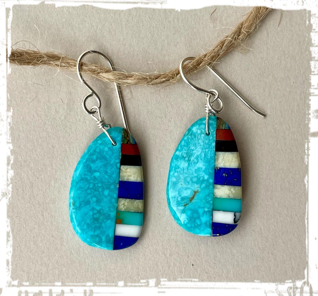 Native American Small Slab Earrings With Inlay by Artist Ronald Chavez ...