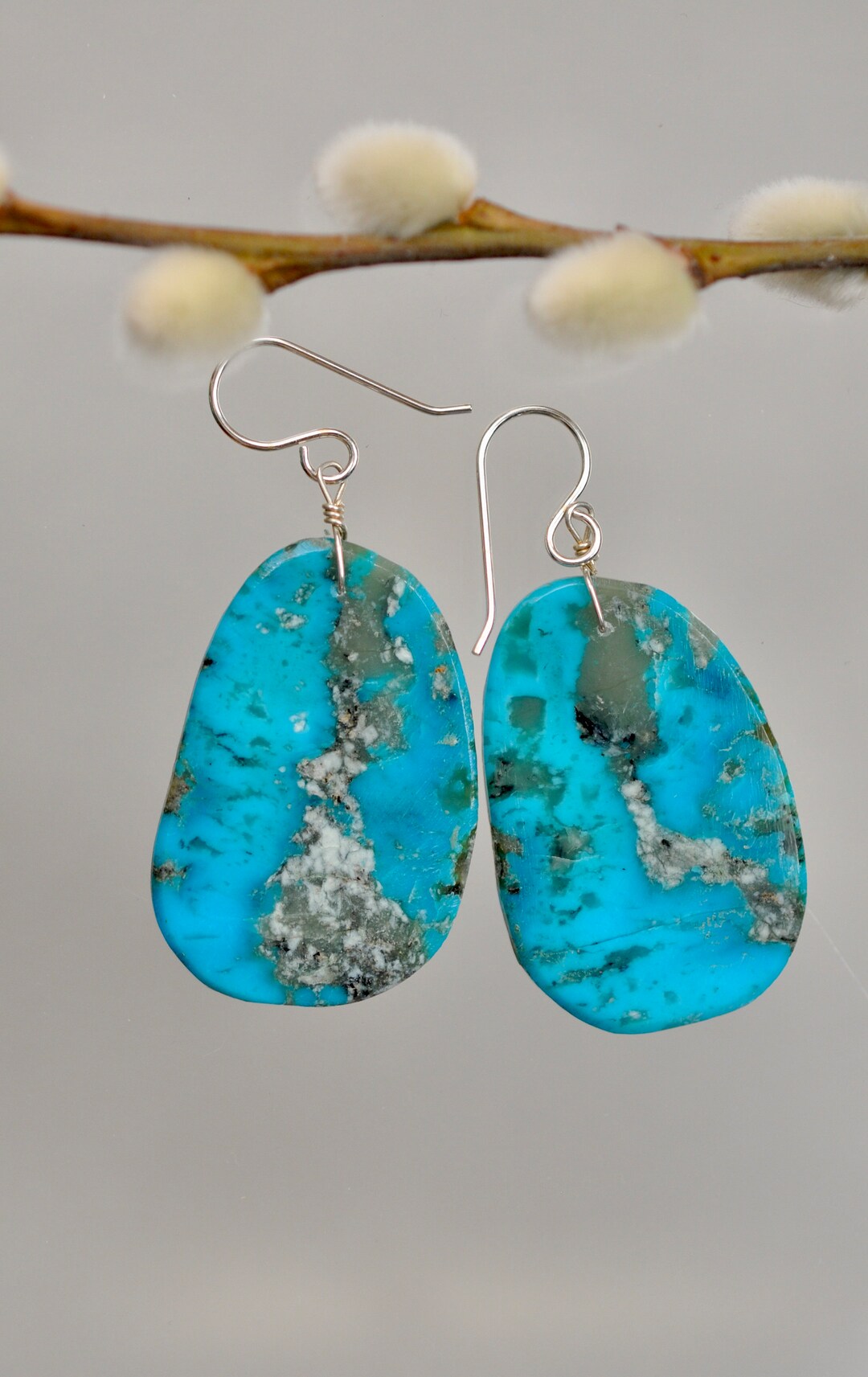 Native American Turquoise Slab Earrings by Artist Ronald Chavez white ...
