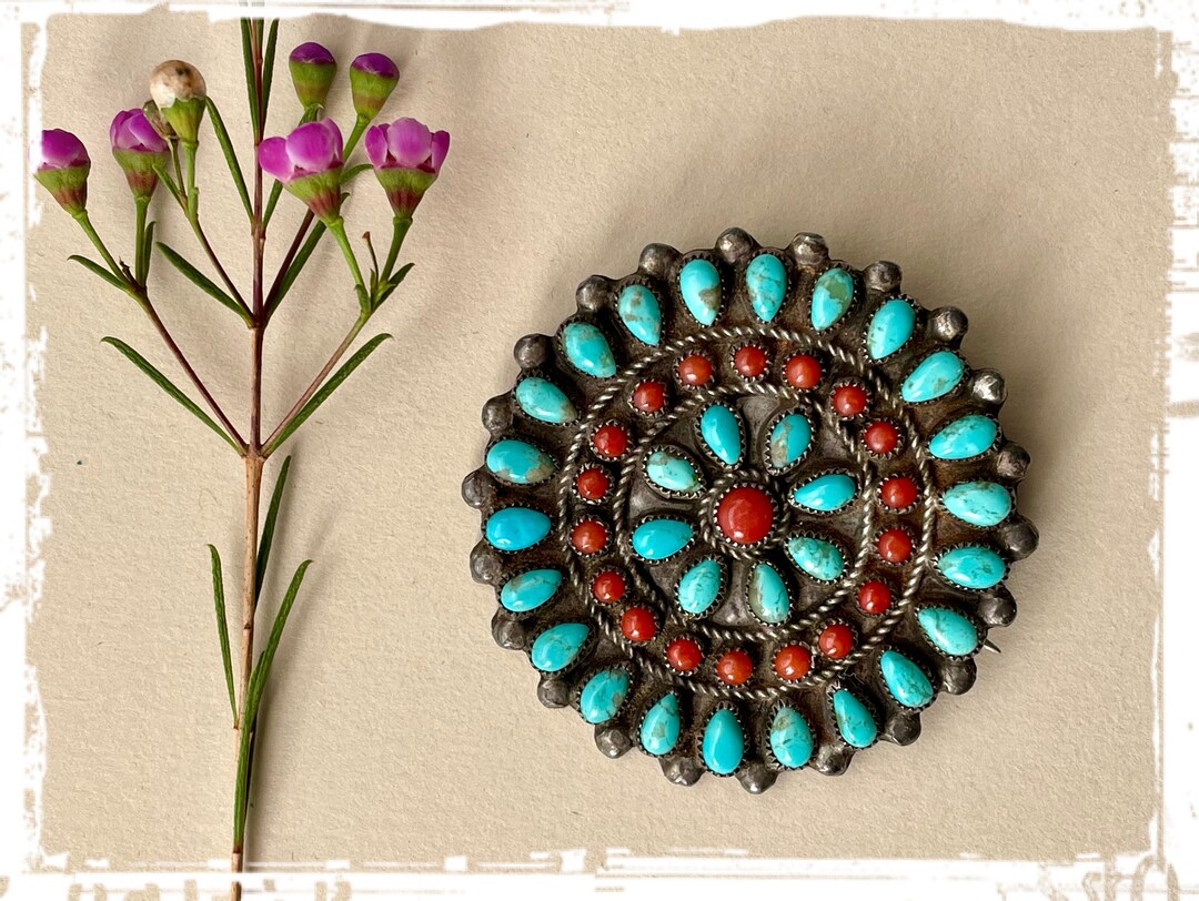 Vintage Native American Turquoise and Coral Brooch Signed by Artist ...