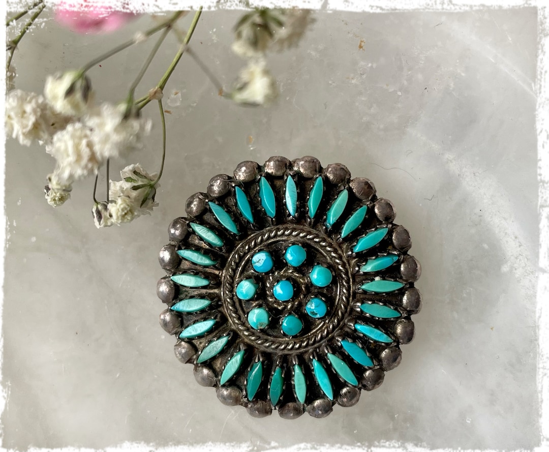 Vintage Native American Zuni Brooch/pendant With Needle Point Turquoise ...