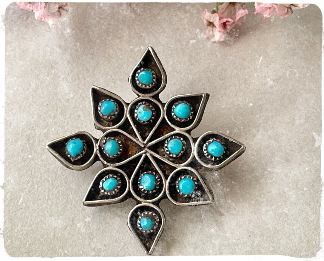 Vintage Native American Zuni Brooch With Turquoise Stones star Shaped ...