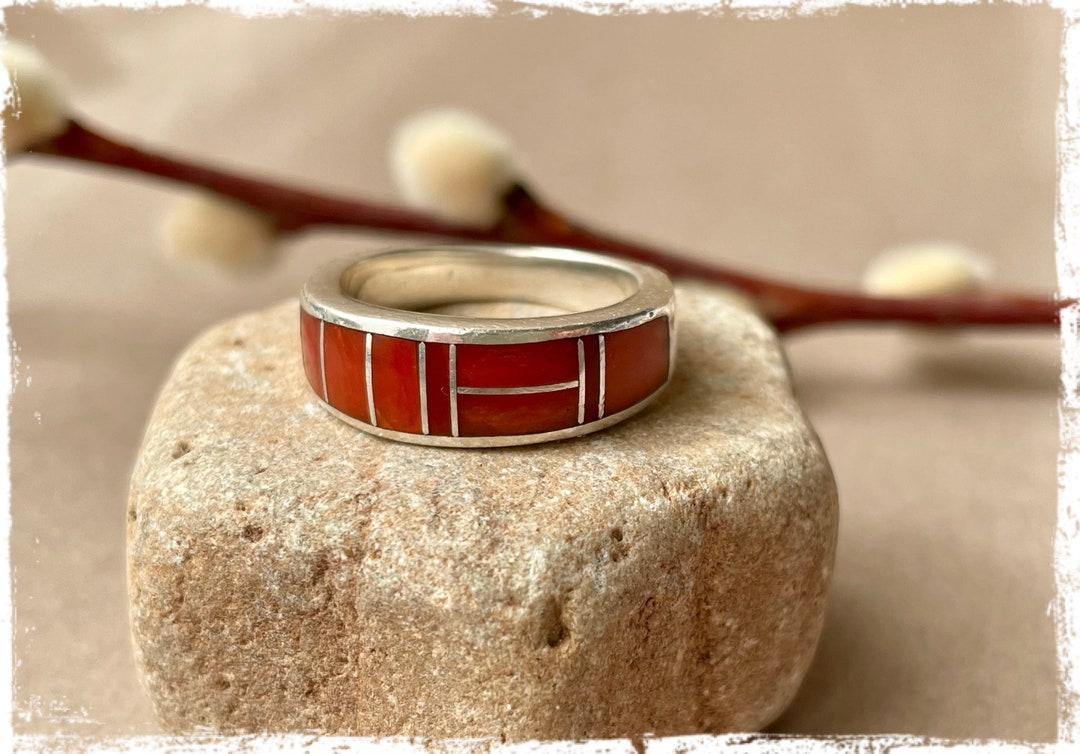 Vintage Native American Inlay Ring With Coral by Artist Wayne Etsitty ...