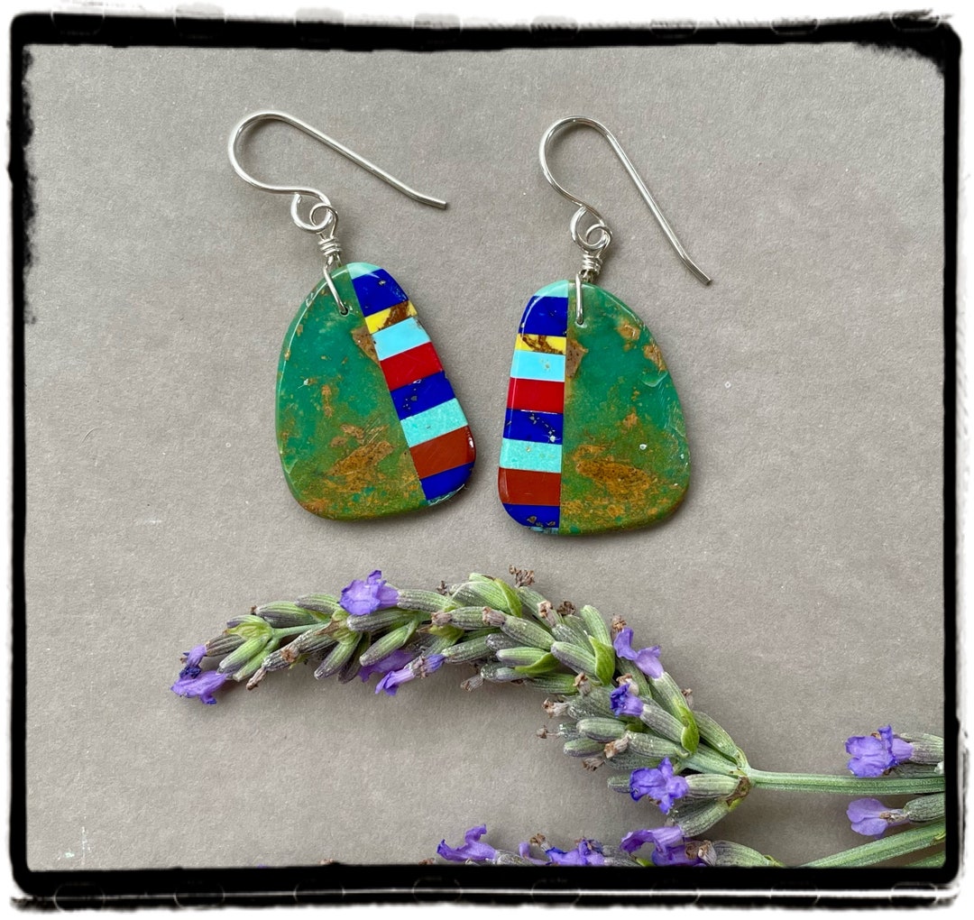 Native American Slab Earrings With Inlay by Artist Ronald Chavez - Etsy