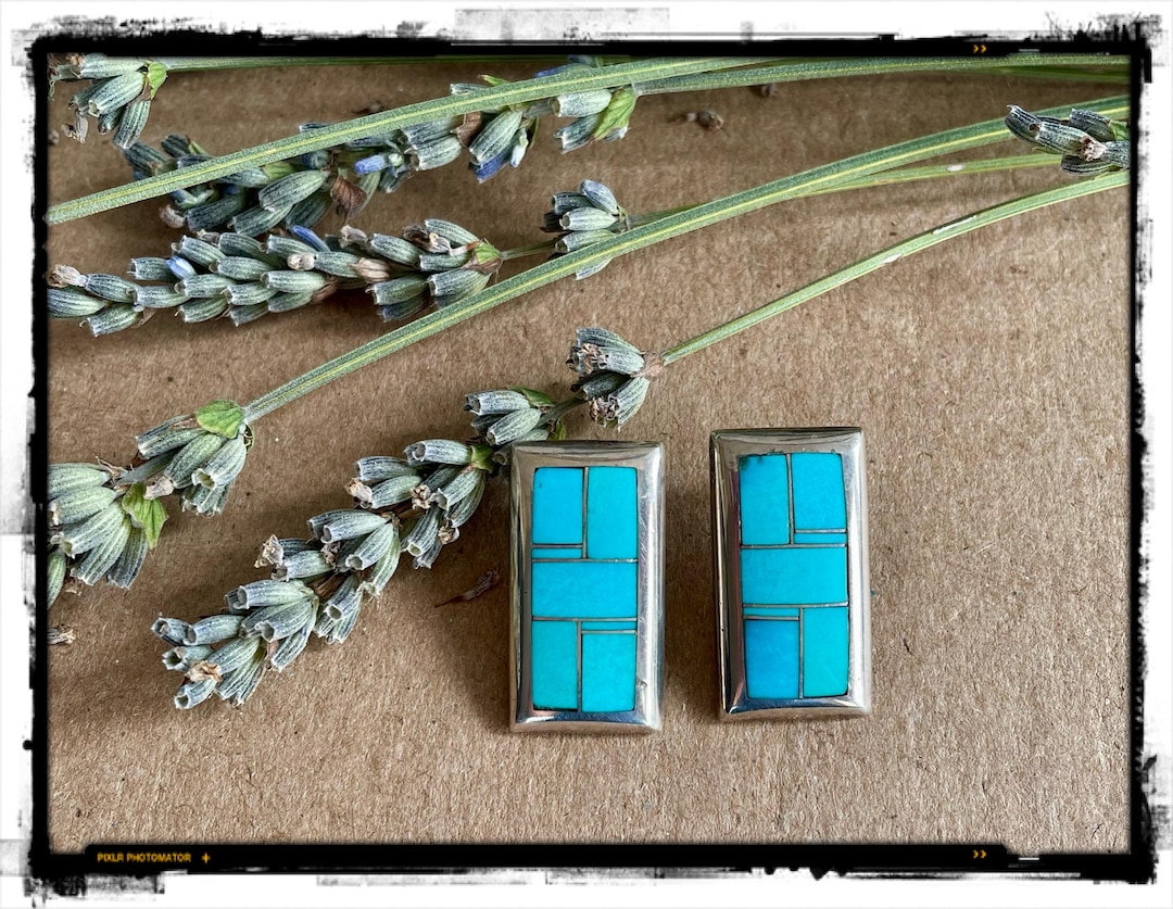 Vintage Native American Turquoise Inlay Earrings Signed "temè" - Etsy