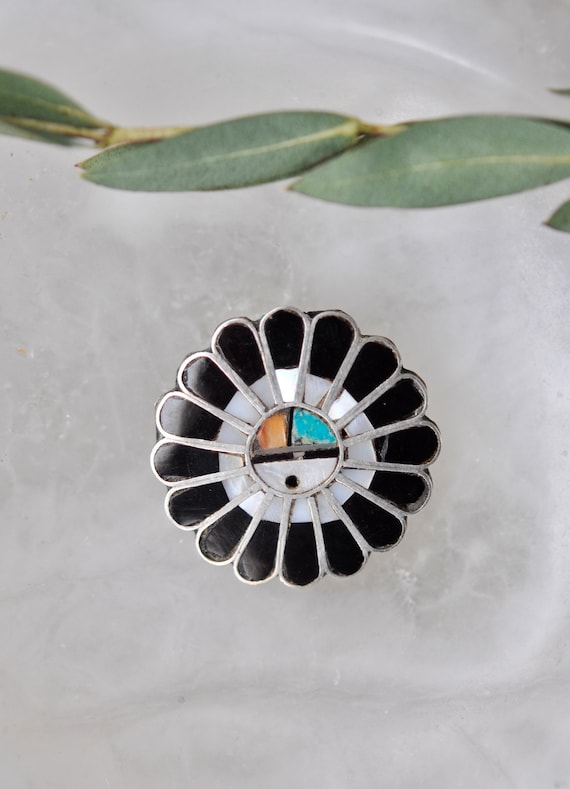Vintage Native American Sunface inlay brooch signed - Gem