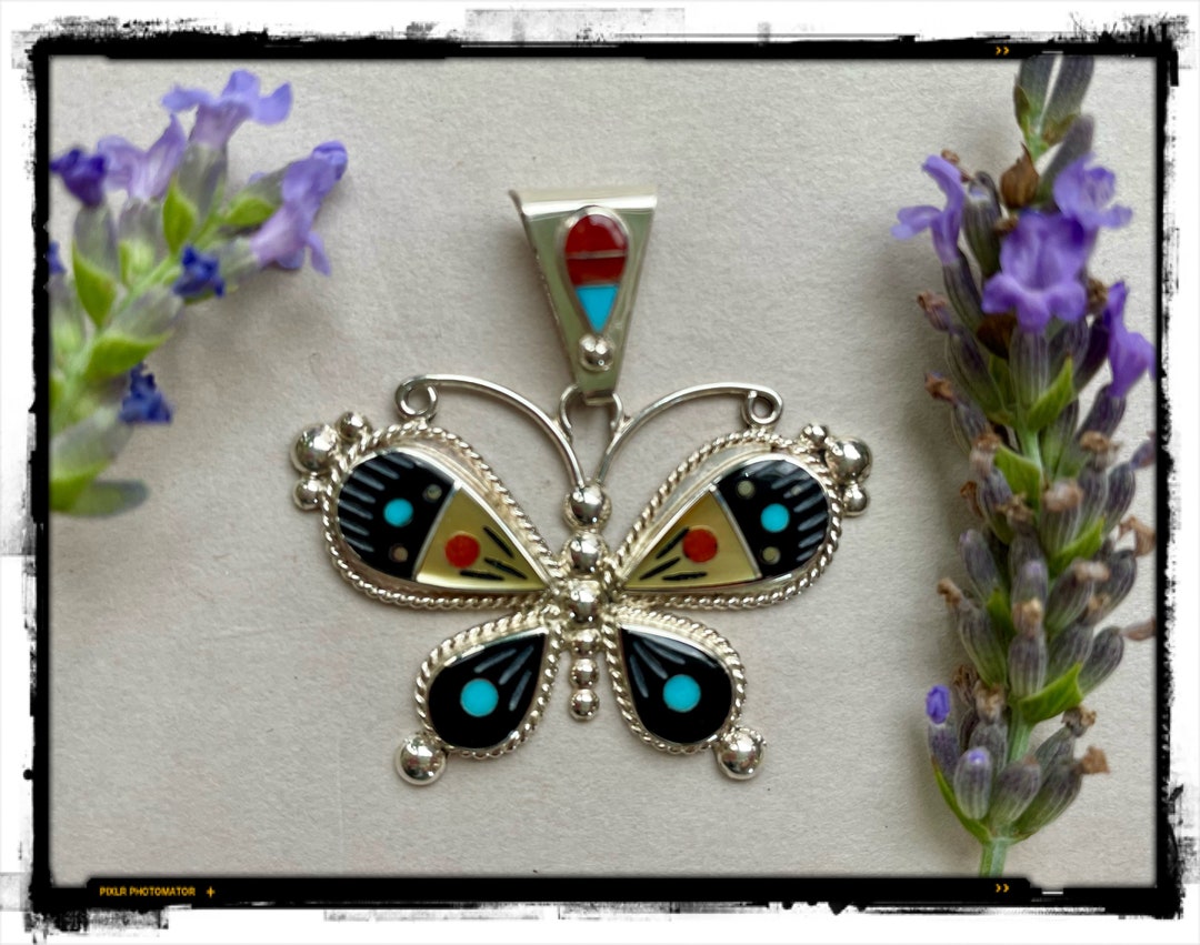 Native American Micro Inlay Butterfly Pendant by Artist Lyndon Ahiyite ...