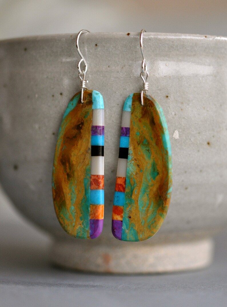 Native American Long Slab Turquoise Earrings With Inlay by - Etsy
