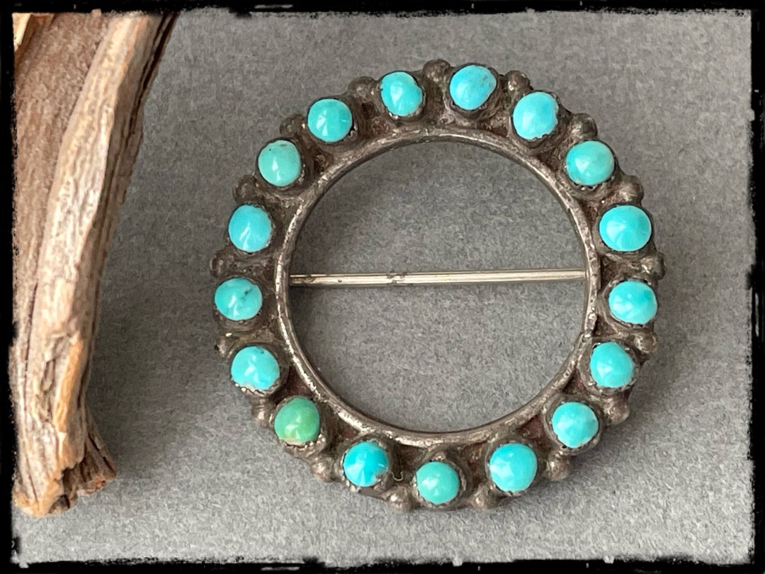 Vintage Native American Brooch With Turquiose Stones (circle) - Etsy