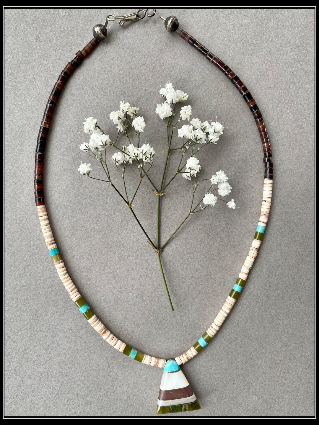 Vintage Native American Heishi Necklace With Reversible Inlay Pendant ...
