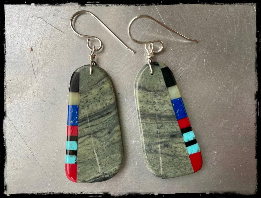 Native American Slab Earrings With Inlay by Artist Ronald Chavez - Etsy