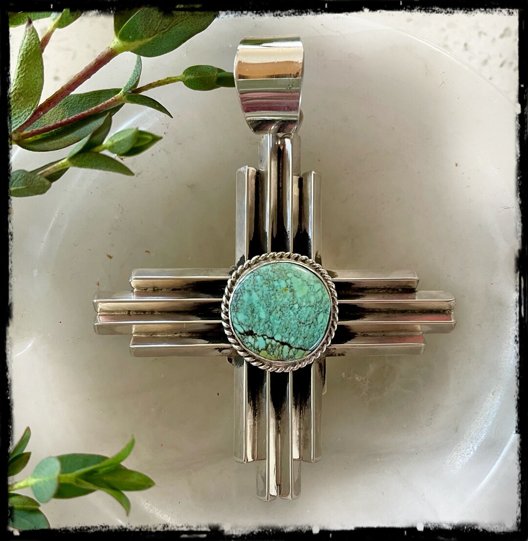 Native American Large Zia Symbol Pendant With Turquoise by Artist ...