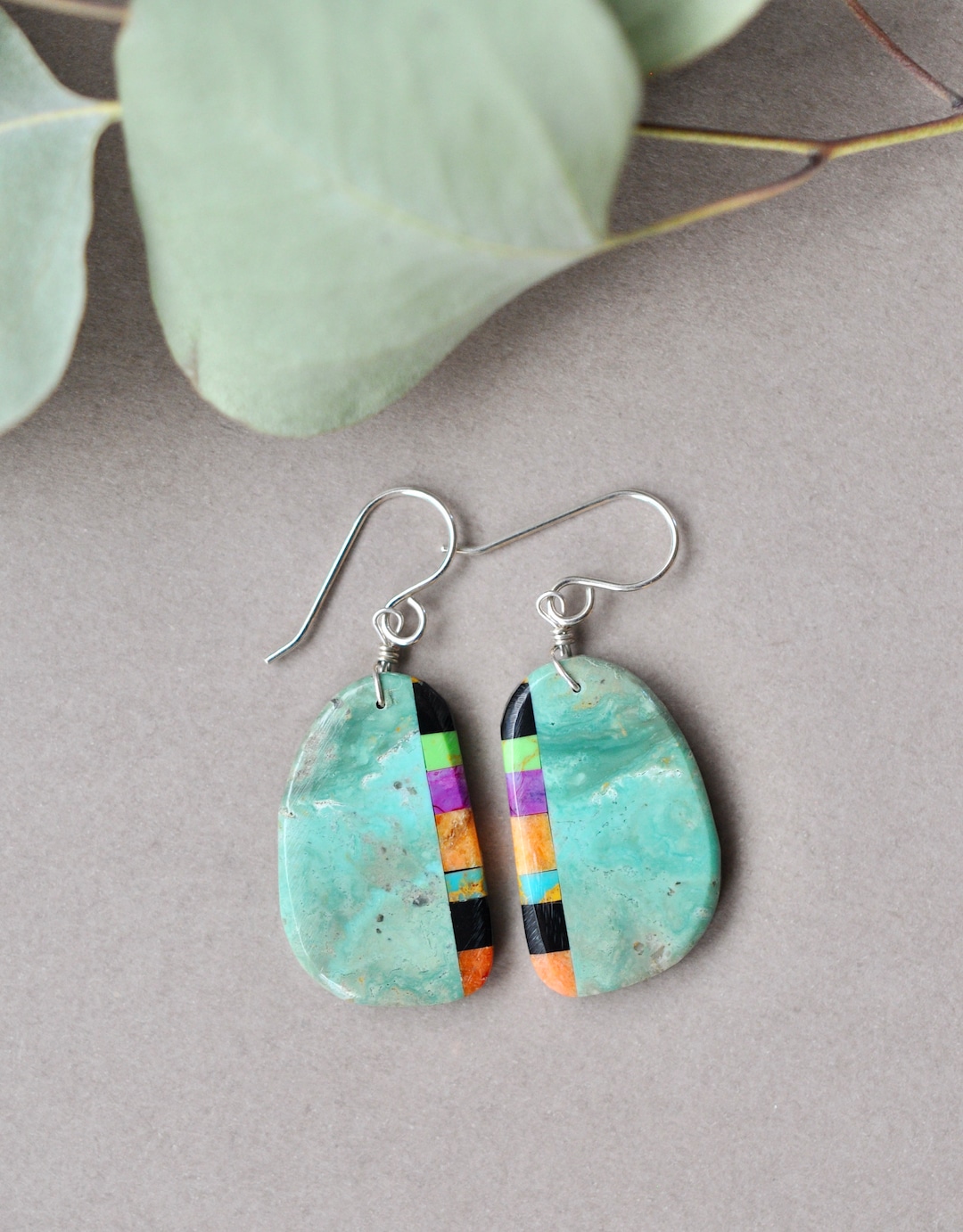 Native American Turquoise Slab Earrings With Inlay by Artist Ronald ...