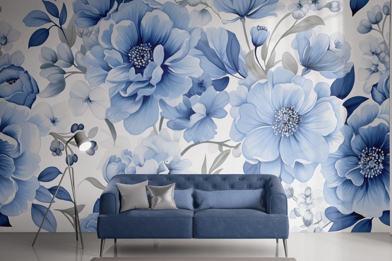 Blue Floral Wallpaper Peel and Stick Wallpaper Removable Traditional ...