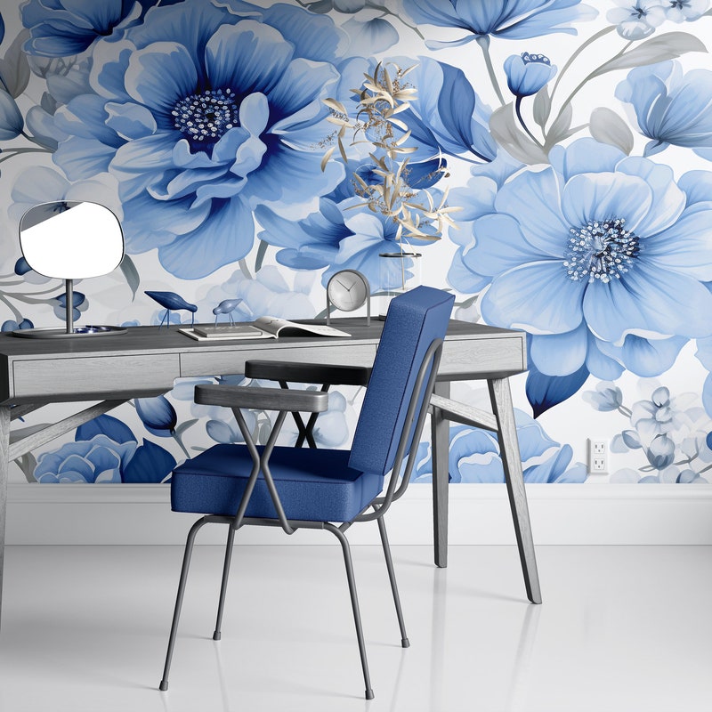 Large Blue Floral Wallpaper - Etsy