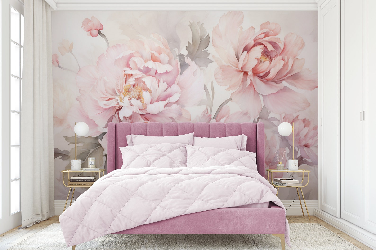 Pink Accent Wall Floral Mural Wallpaper Peel and Stick Wallpaper ...