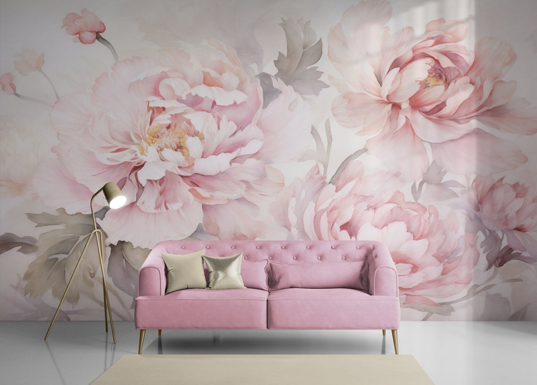 Pink Accent Wall Floral Mural Wallpaper Peel and Stick Wallpaper ...