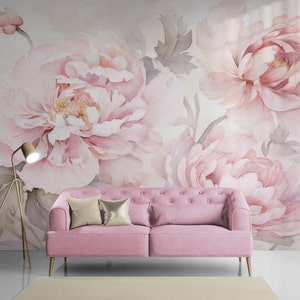 Pink Accent Wall Floral Mural Wallpaper Peel and Stick Wallpaper ...